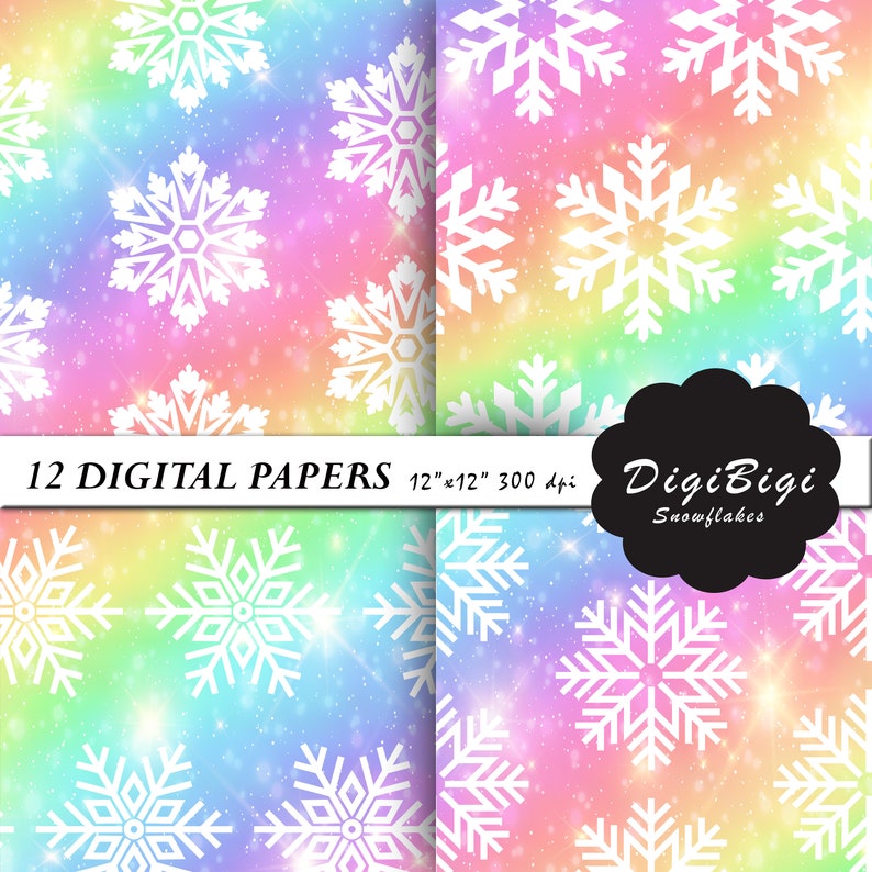 Unicorn Snowflake Digital Paper: Rainbow Christmas Scrapbook (12" X 12 ...