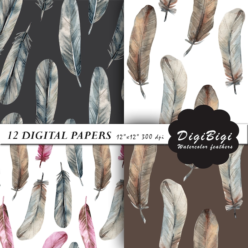 Watercolor Feathers Digital Paper, Seamless Feather Digital Paper ...