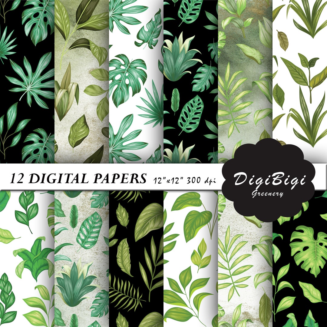 Hand Drawn Greenery Digital Paper, Tropical Digital Paper, Leaves ...