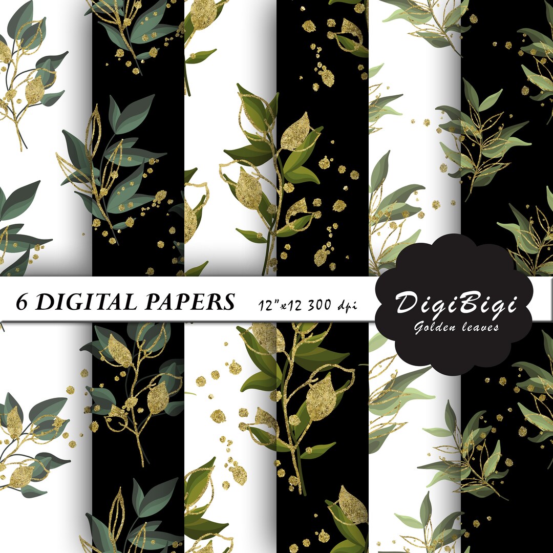 Greenery Digital Paper, Seamless Floral Digital Paper, Gold Leaves ...