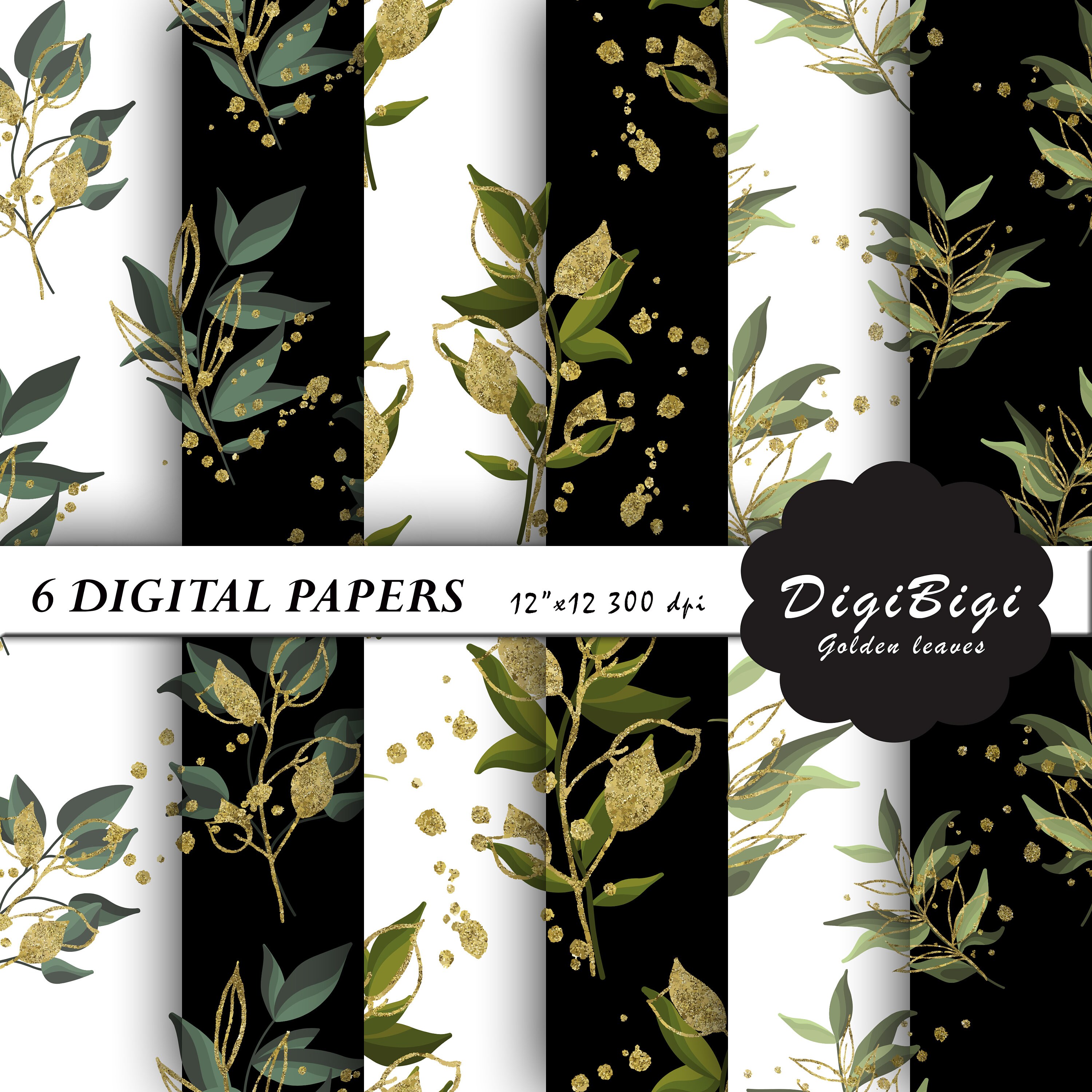 Greenery Digital Paper, Seamless Floral Digital Paper, Gold Leaves ...