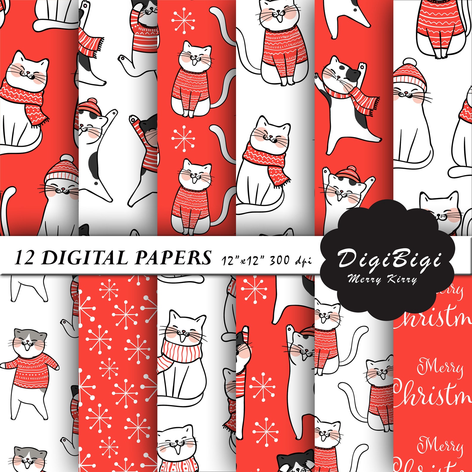 Cute Cat Digital Paper, Seamless Cat Christmas Digital Paper, Seamless ...
