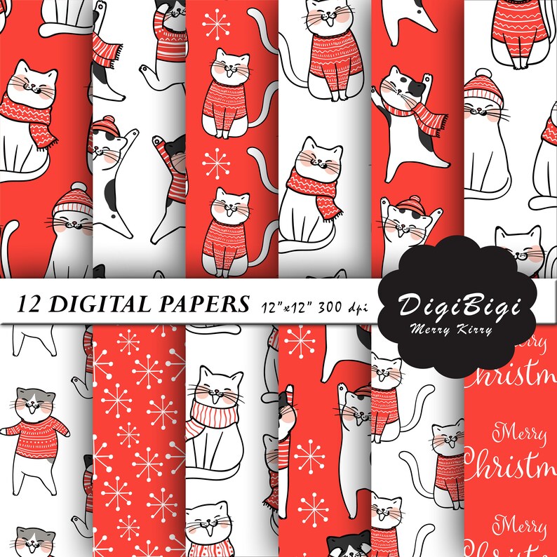 Cute Cat Digital Paper, Seamless Cat Christmas Digital Paper, Seamless ...