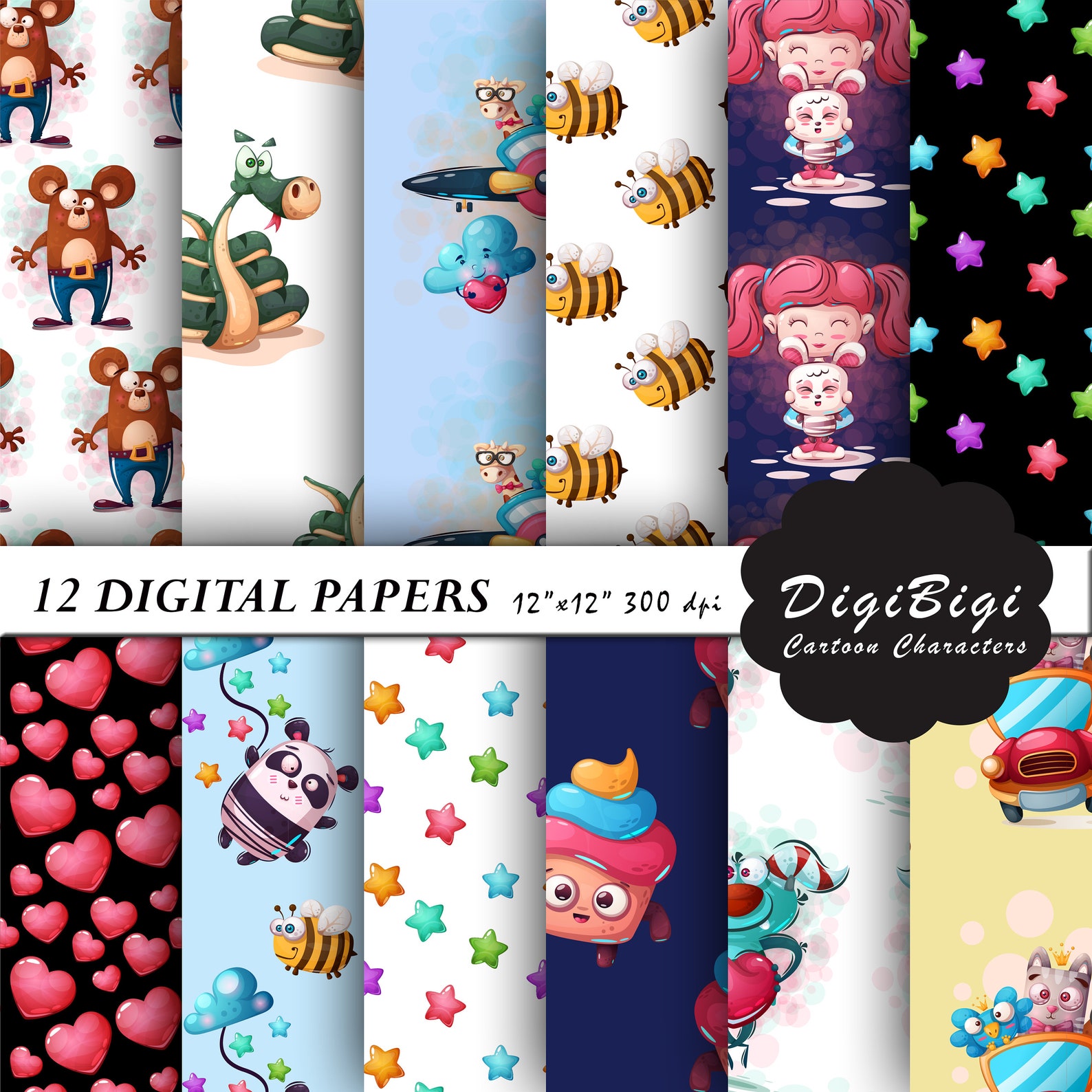 Kids Digital Paper, Cartoon Digital Paper, Cartoon Characters Patterns ...