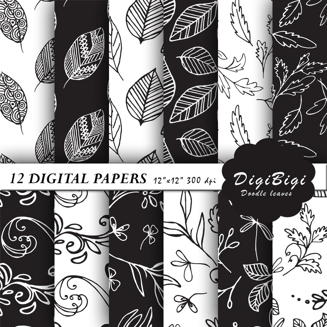 Black and White Floral Digital Paper, Botanical Digital Paper, Doodle ...