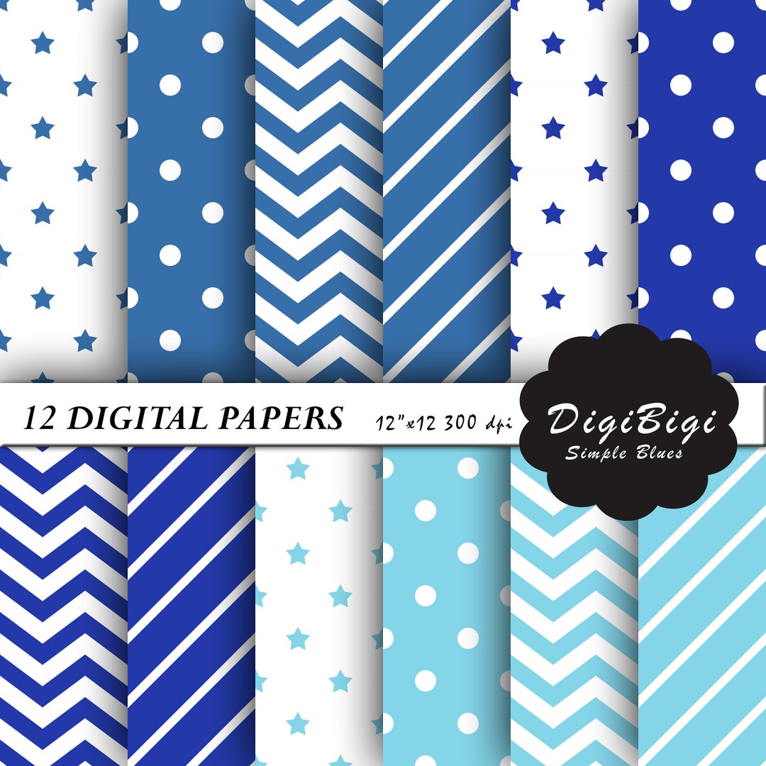 Blue Digital Paper Pack: Stars, Dots, Chevron, Stripes (digital ...