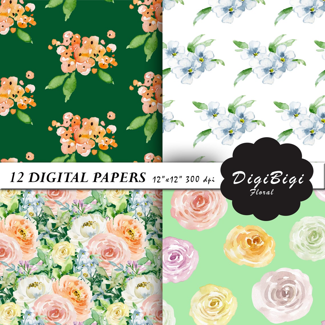 Floral Digital Paper, Watercolor Flowers Digital Paper, Watercolor ...