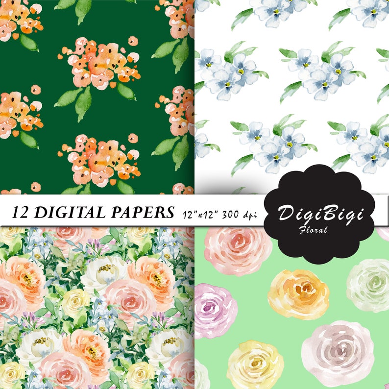 Floral Digital Paper, Watercolor Flowers Digital Paper, Watercolor ...