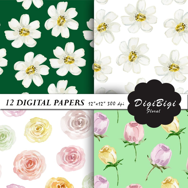 Floral Digital Paper, Watercolor Flowers Digital Paper, Watercolor ...