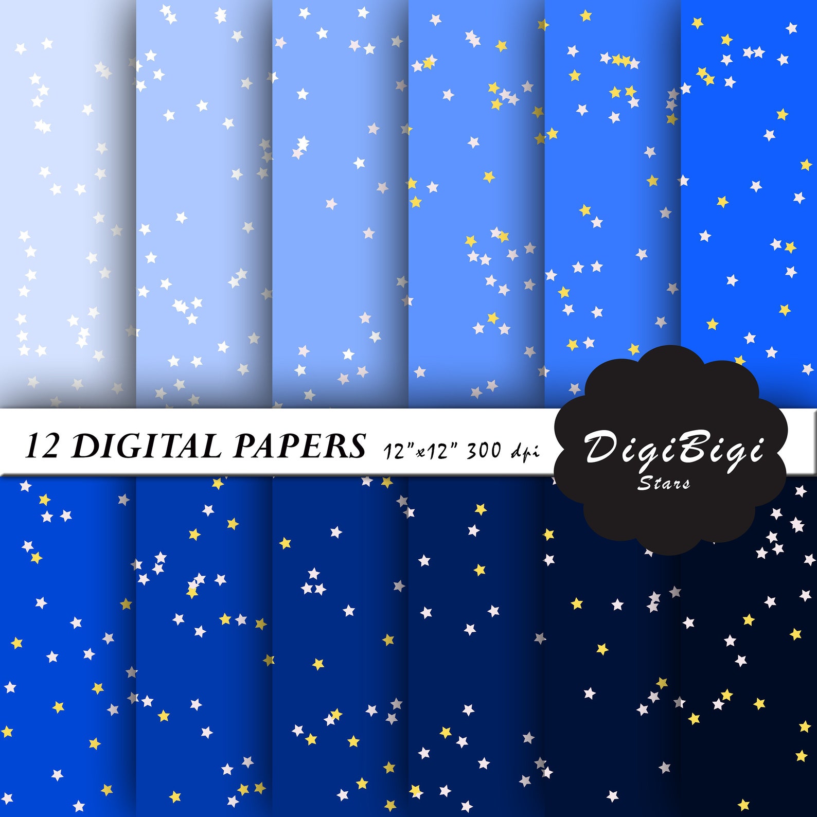 Blue Stars Digital Paper, 12 X 12, Solid Color, Navy Stars Digital ...
