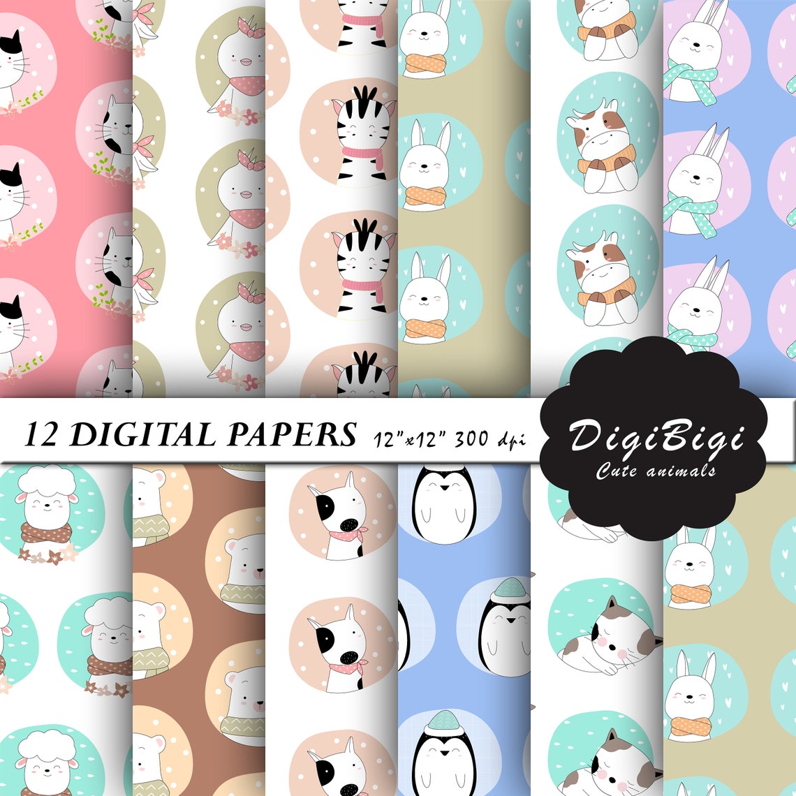 Kids Digital Paper, Cute Animals Paper, Cartoon Digital Paper, Animals ...