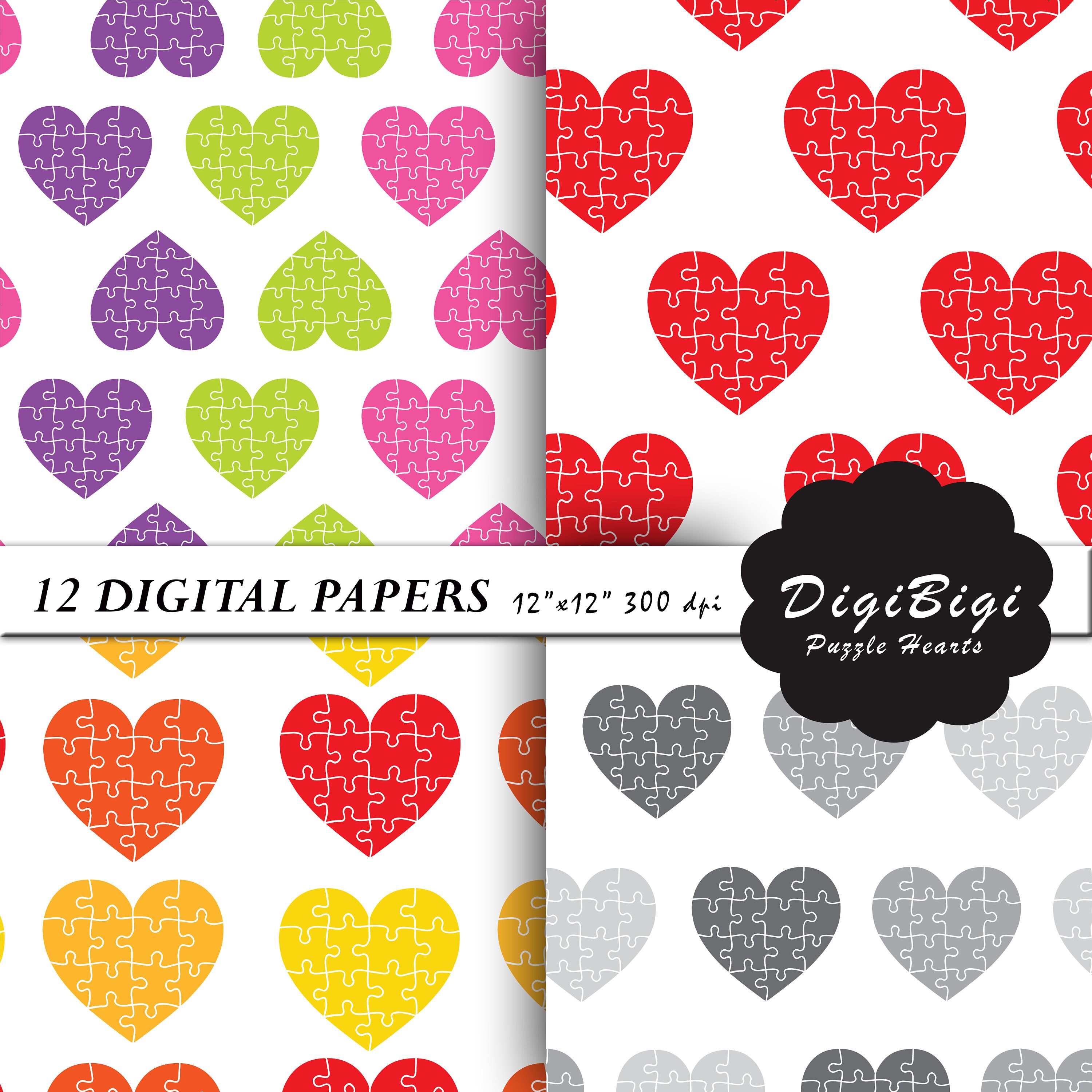 Hearts Digital Paper, Rainbow Hearts Digital Paper, Puzzle Heart ...
