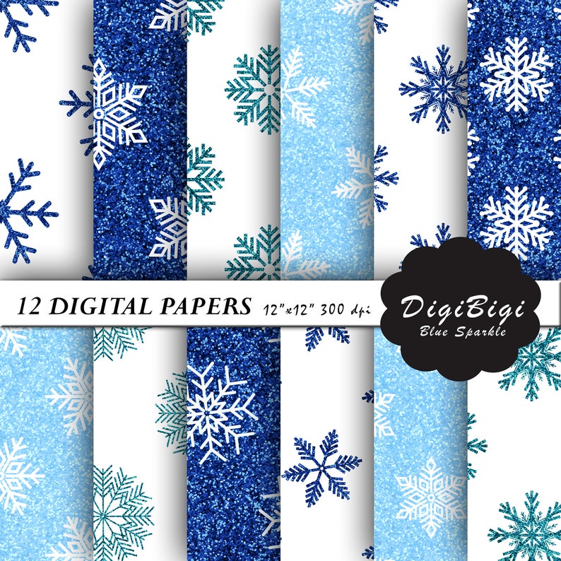Blue Glitter Snowflakes Digital Paper: Christmas Scrapbook (digital ...