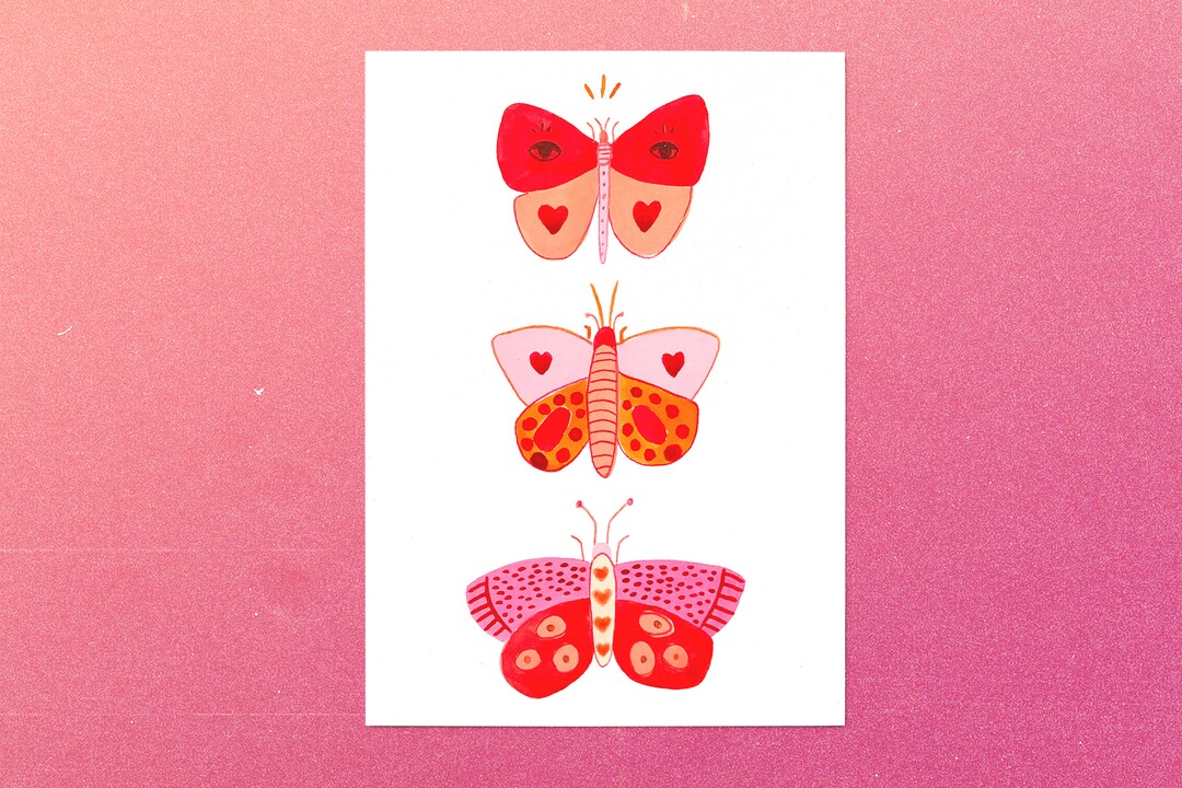 Pink and Red Love Bugs Butterfly Print, Floral Illustration - Etsy