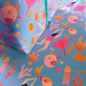 Gift Wrap of Diver and Sea Creatures // Wrapping Paper // Birthday Gift ...