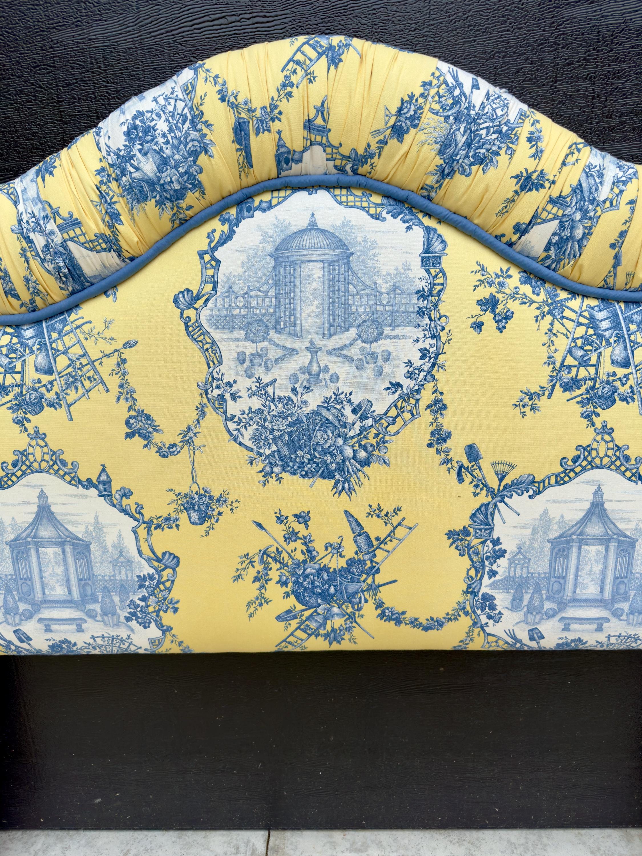 Vintage Toile De Joie Upholstered French Cottage Bed Headboard Full ...