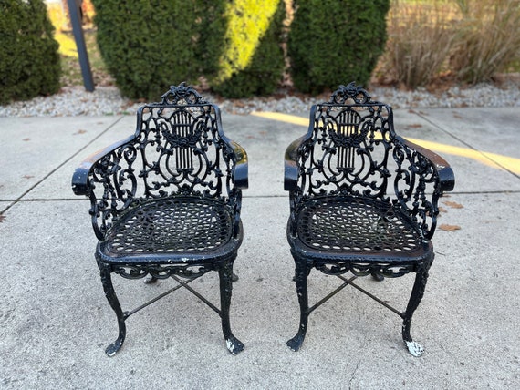 19th C. Antique French Cast Iron Lyre Back Chairs a Pair Etsy