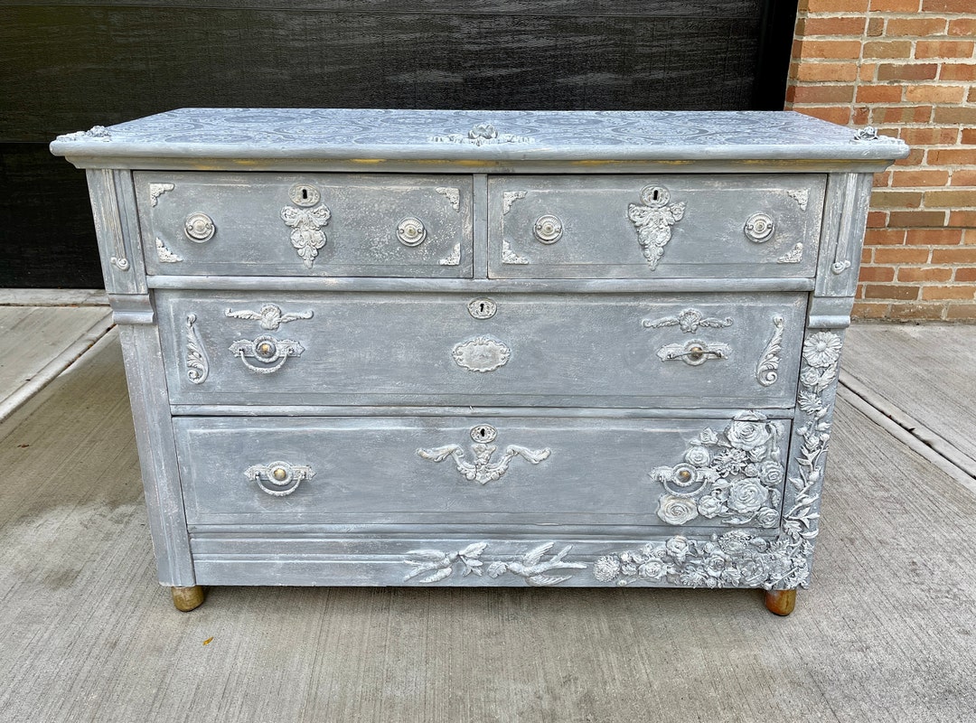 Antique French Cottage Distressed Roses Commode Dresser - Etsy