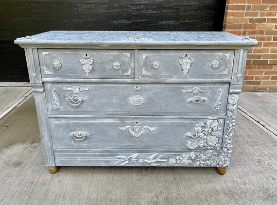 Antique French Cottage Distressed Roses Commode Dresser - Etsy