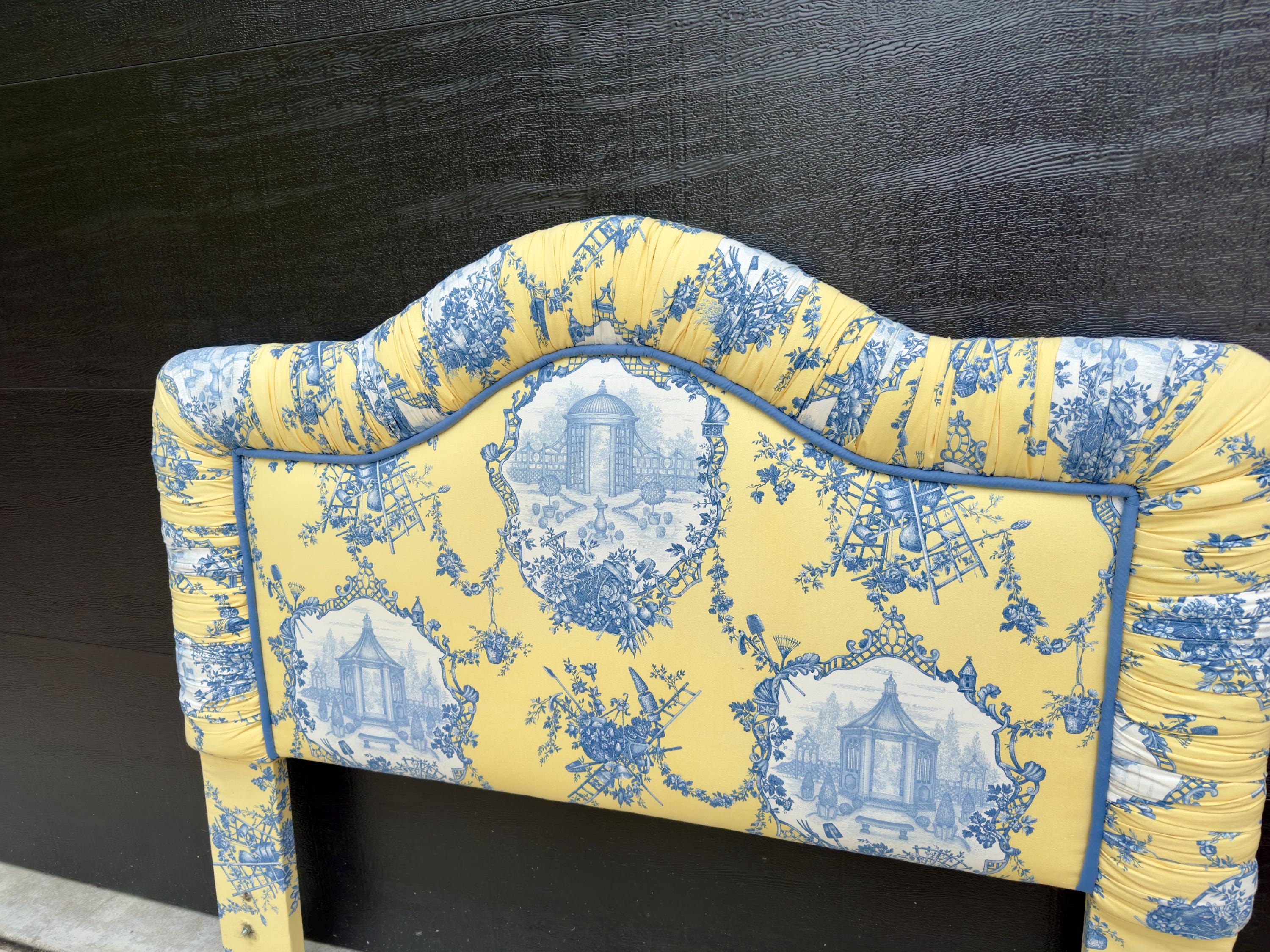 Vintage Toile De Joie Upholstered French Cottage Bed Headboard Full ...
