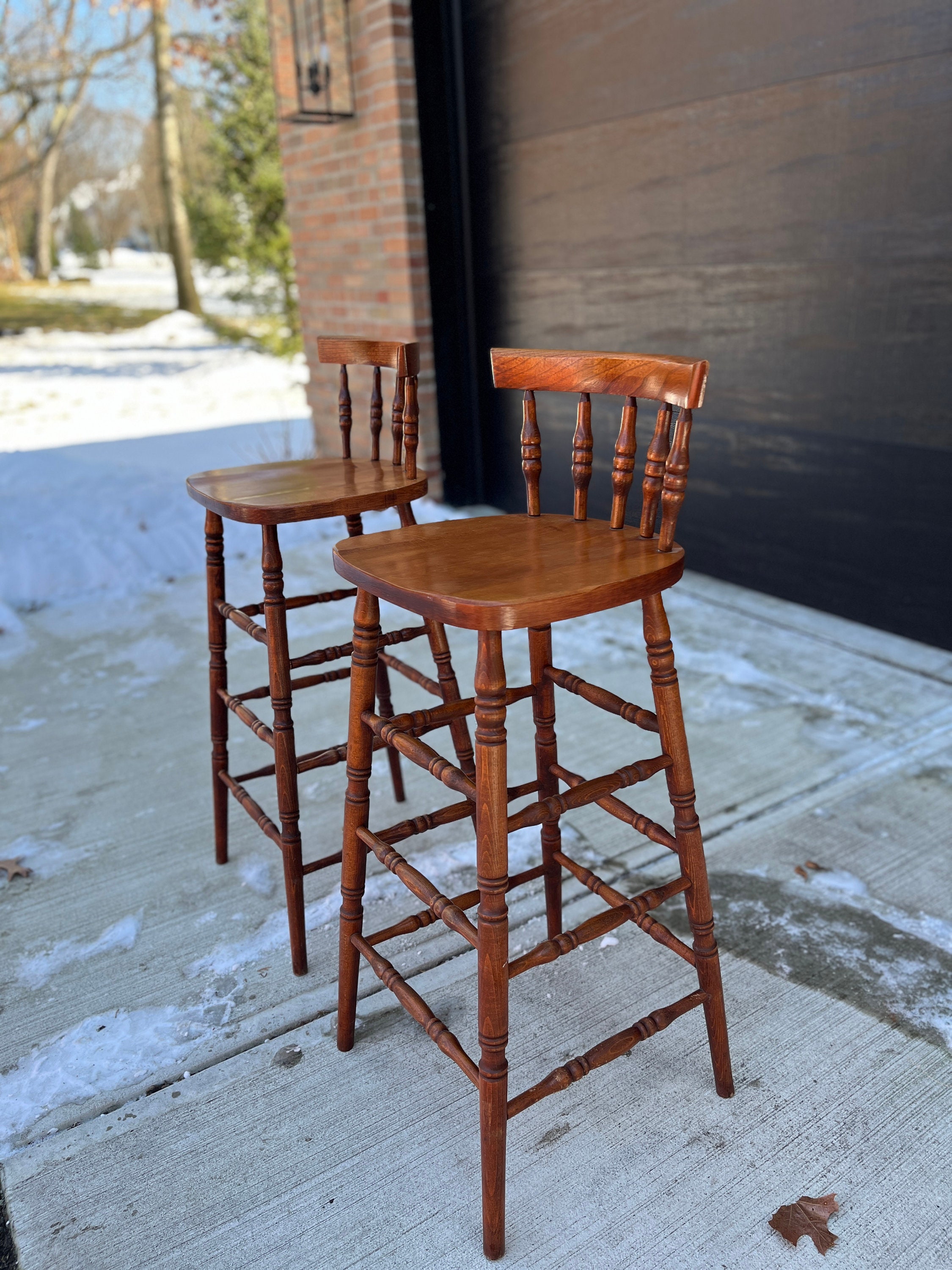 Antique 20th C. Spindle Bobbin Early American Bar Stools ~ a Pair - Etsy
