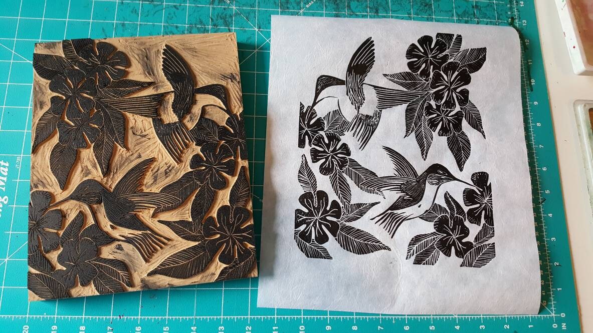 Hummingbirds Linoleum Block Print sold by Geisa Luz | SKU 47306359 ...