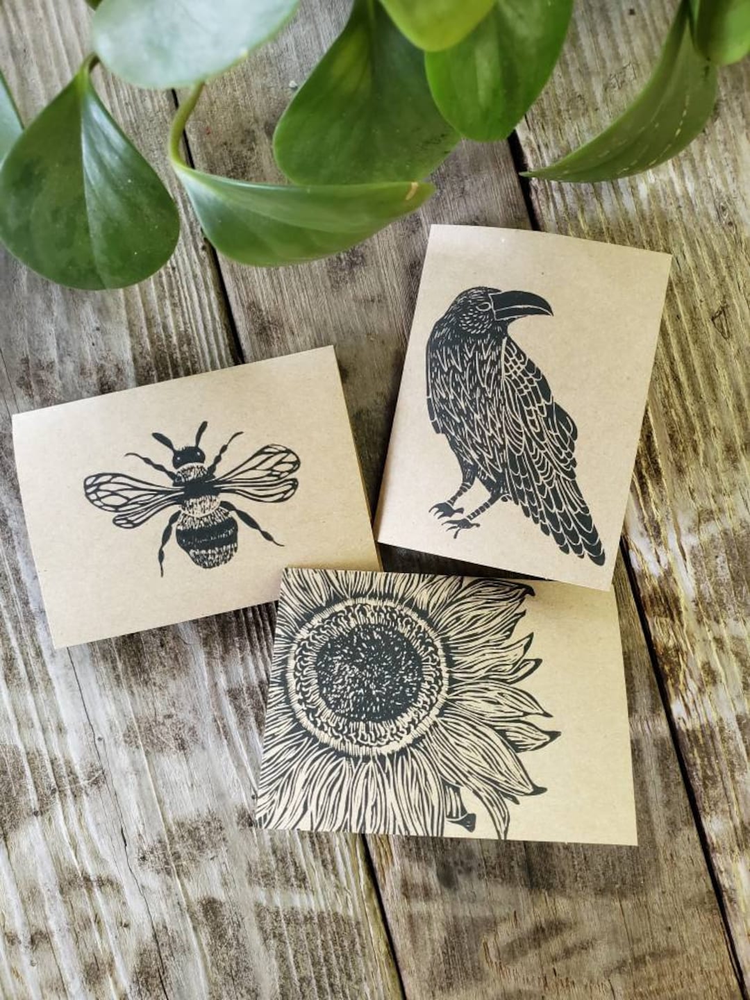 Hand Printed Raven, Honey Bee, and Sunflower Linoleum Block Print ...