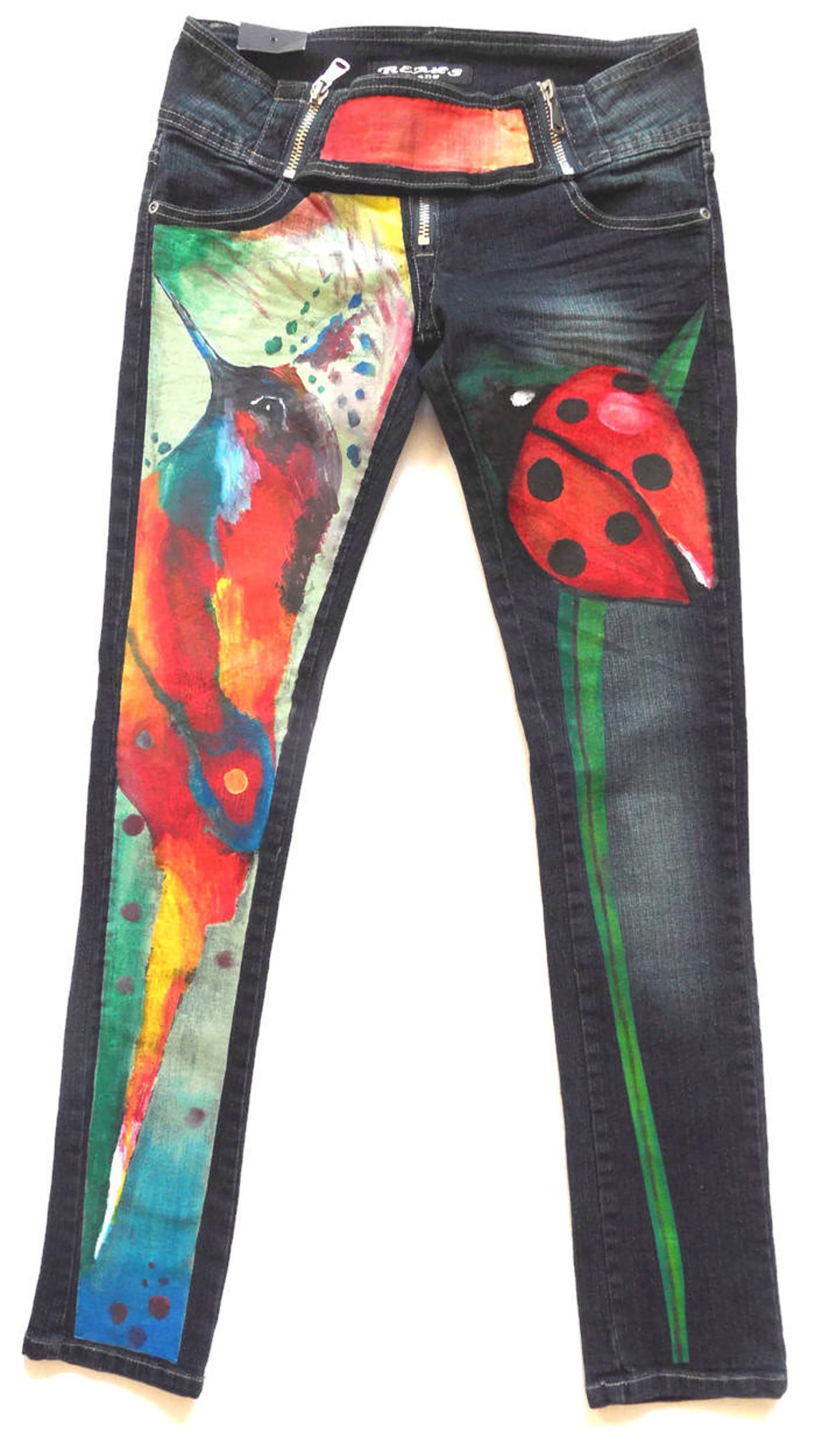 HAND PAINTED JEANS Birds Jeans High Waist Trendy Jeans | Etsy