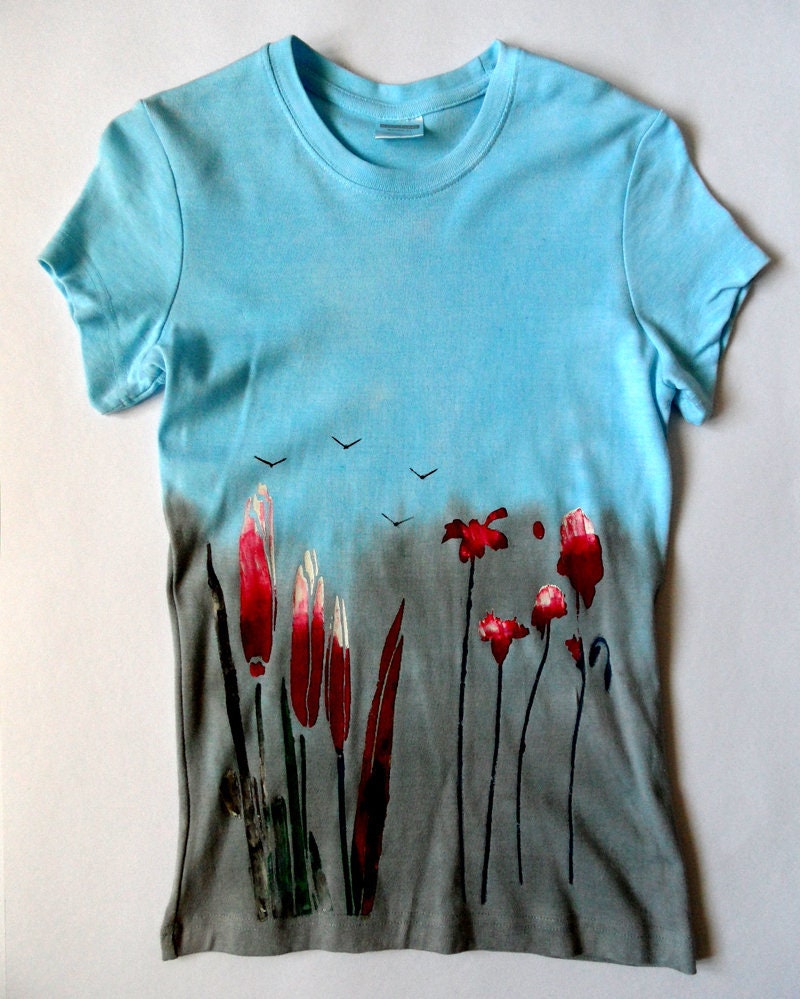 Light Blue Floral Tee-shirt-women's Handmade Tulips Tee-shirt-painted ...