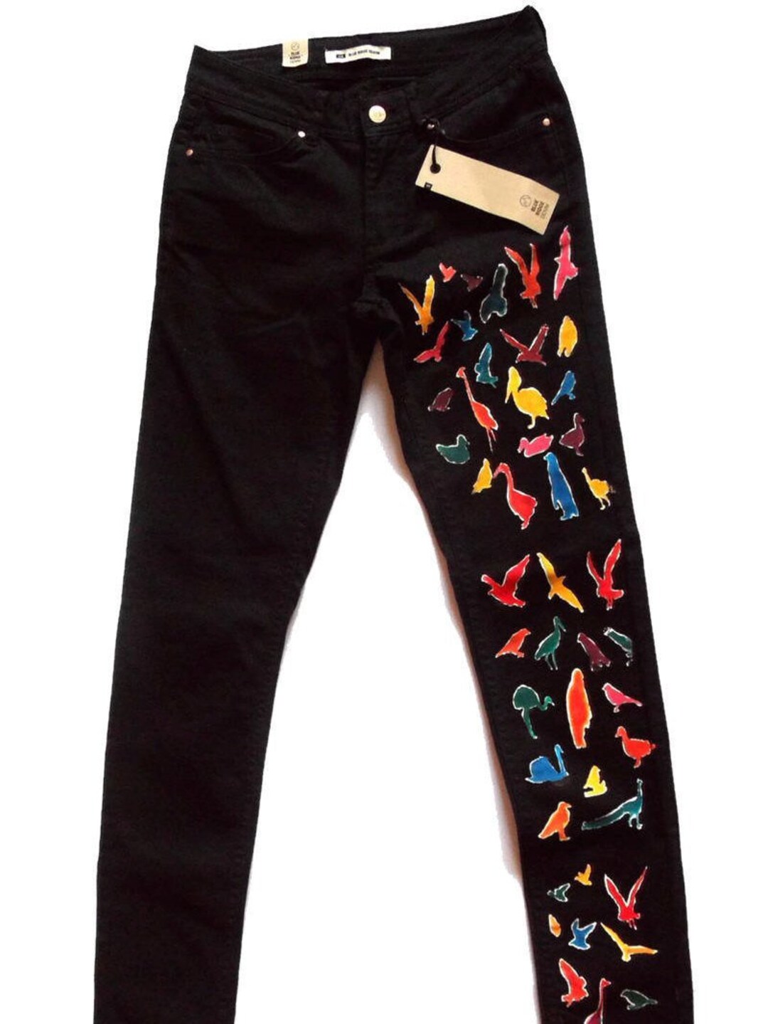 Birds Jeans-hand Painted Jeans-women's Handmade Blue Denim-tropical ...