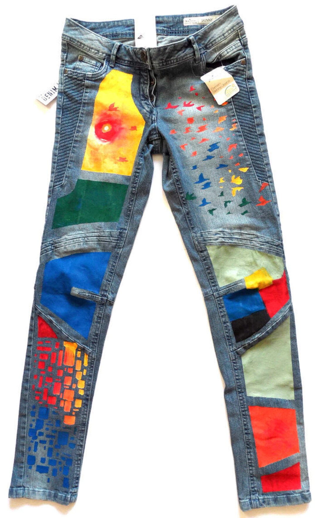 HAND PAINTED JEANS - Birds Jeans - High Waist Trendy Jeans Women ...