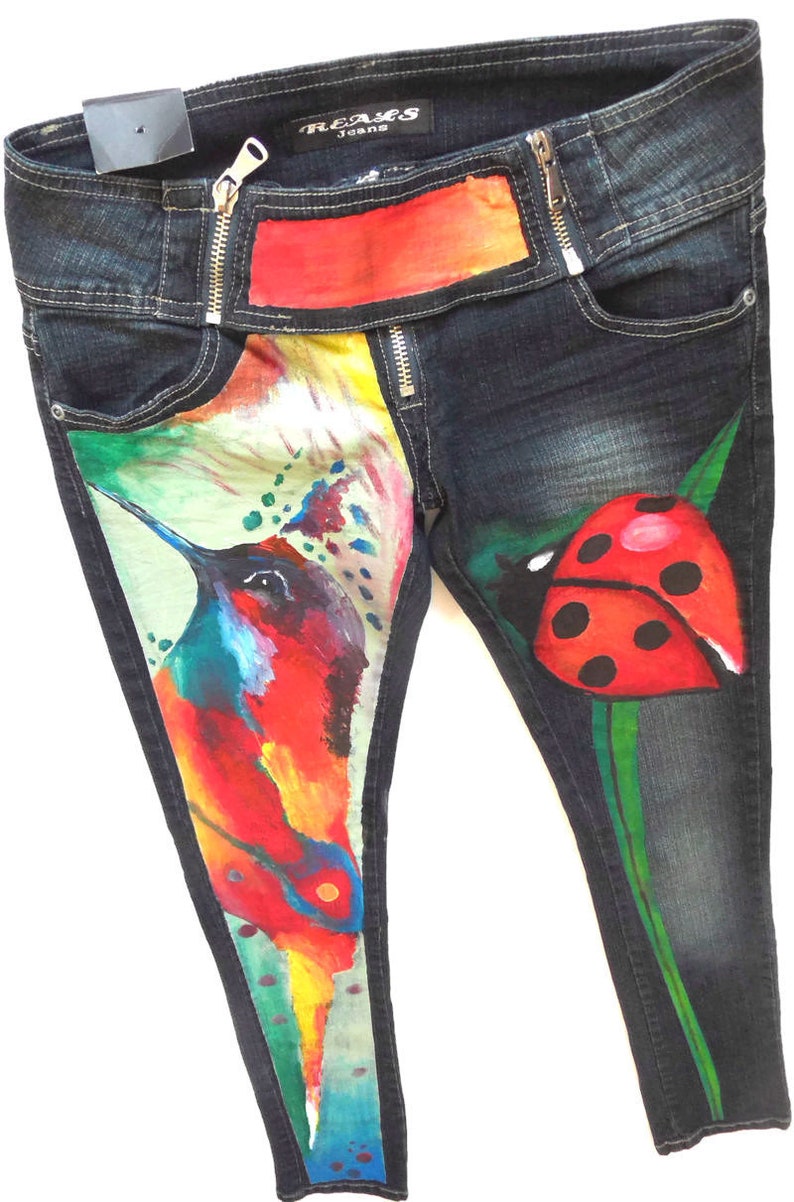 HAND PAINTED JEANS - Birds Jeans - High Waist Trendy Jeans Women ...