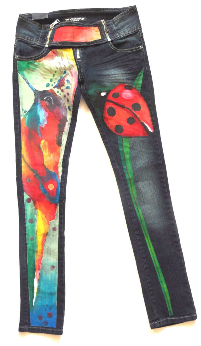 HAND PAINTED JEANS - Birds Jeans - High Waist Trendy Jeans Women ...