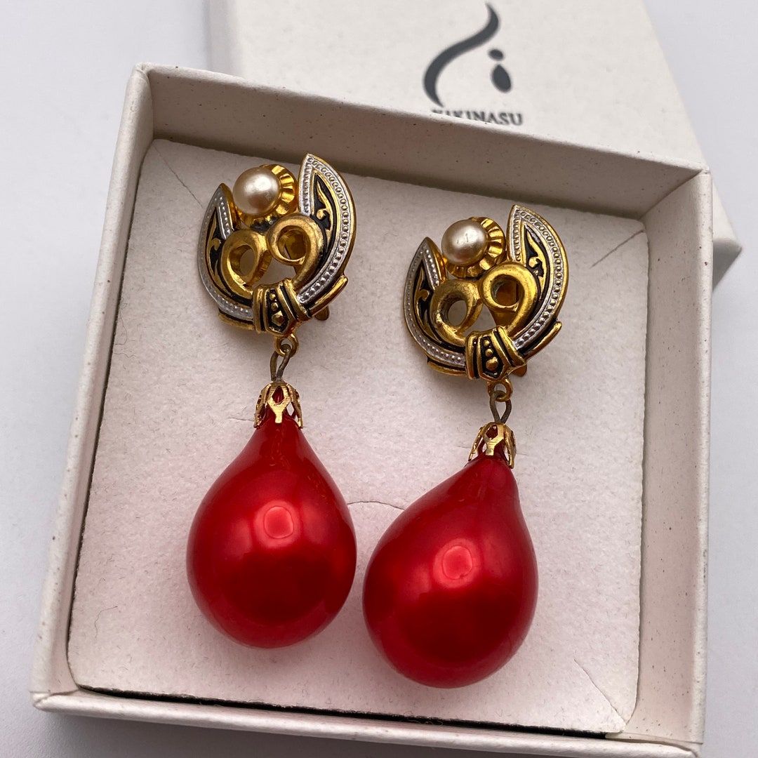 Red Glass Drop Pendant Clips and Damascene Style Clip Clasp From the ...