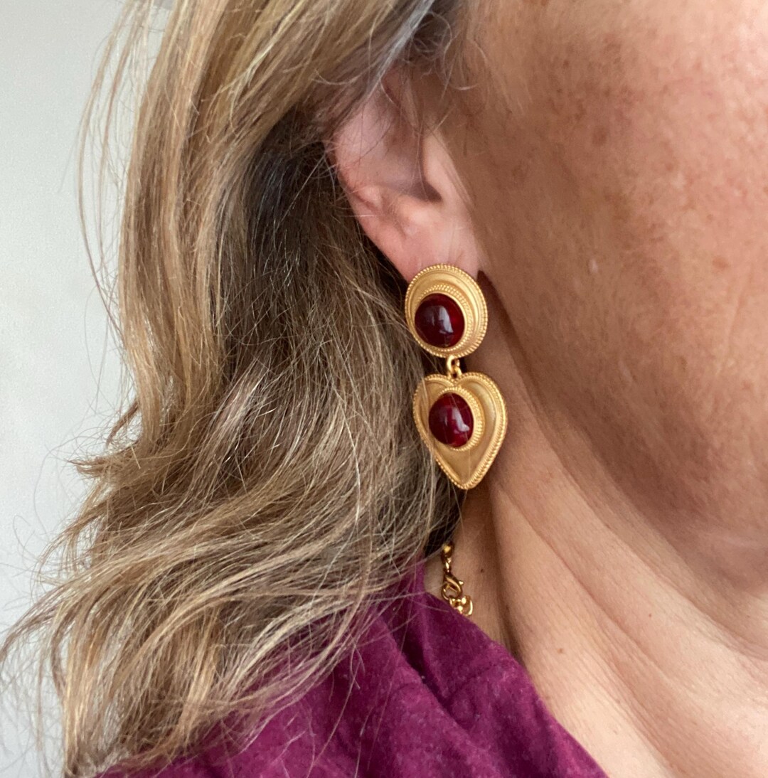 Vintage 1980s Style Red Heart Glass Cabochon Drop Earrings - Etsy