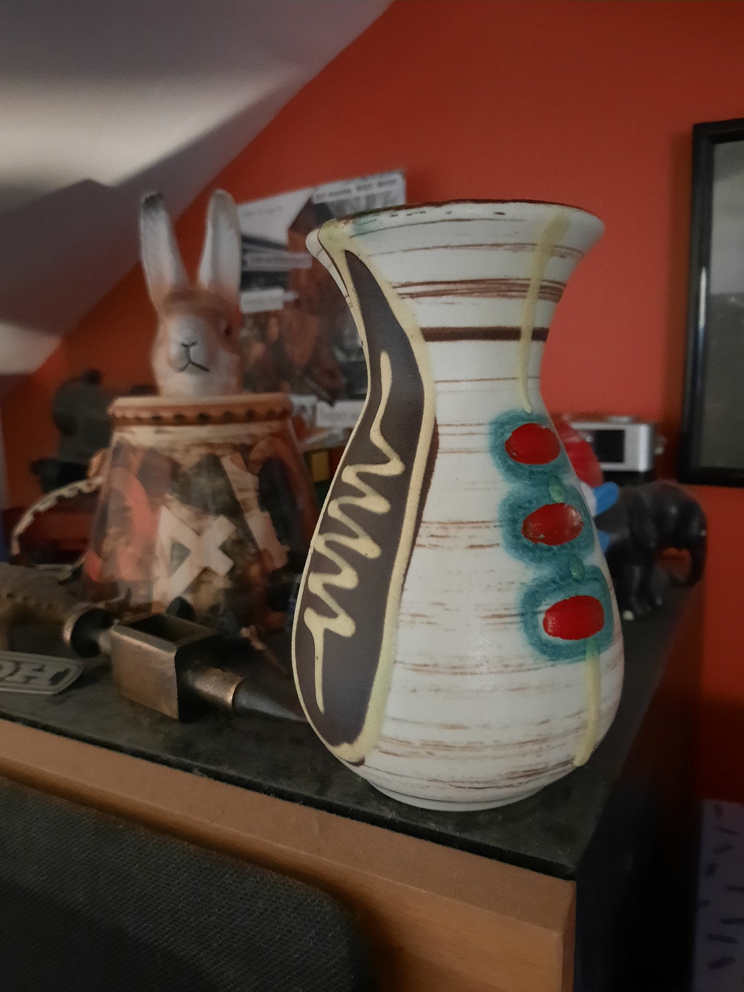 West German Pot Vintage Studio Pottery Yellow Red Dark - Etsy