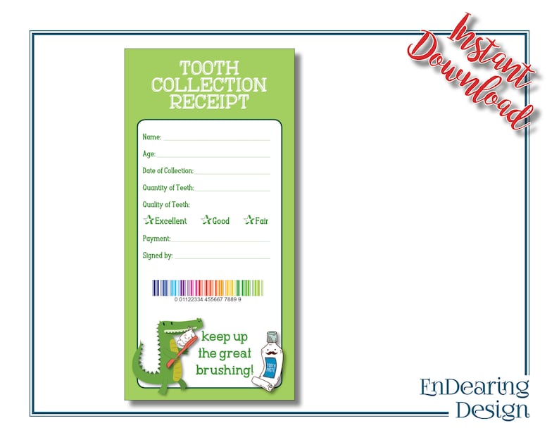 Fun Printable Green Crocodile Tooth Collection Receipt - 3.5x7.5 ...