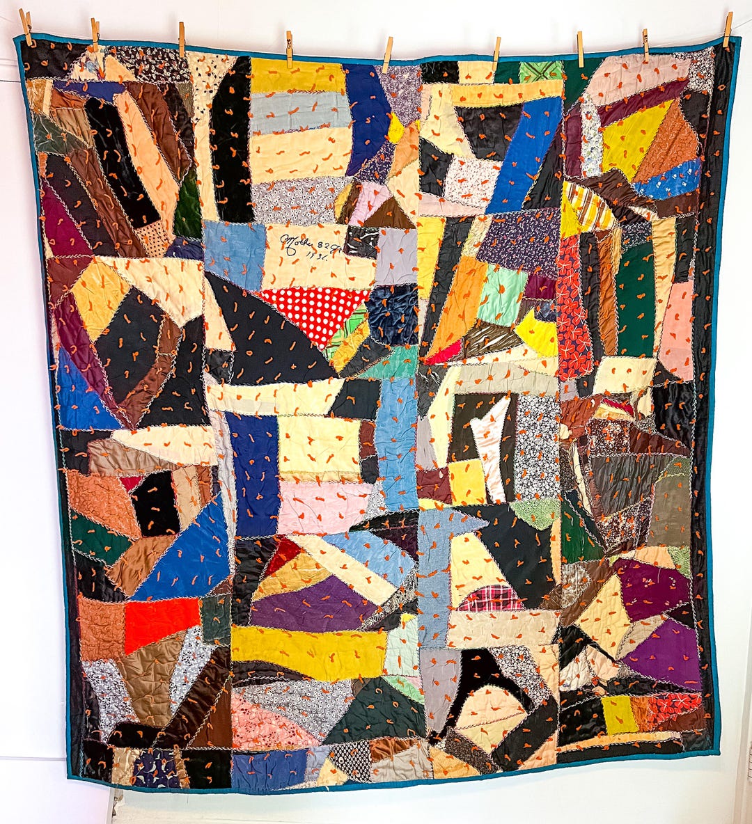 Antique Hand Made Crazy Quilt Victorian Embroidered Signed Silk Velvet ...