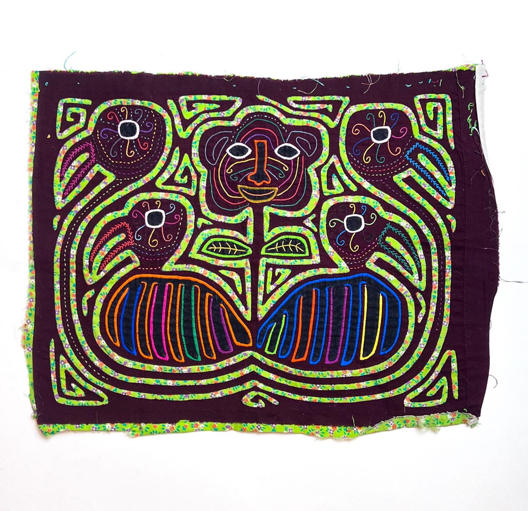 Vintage Panama Mola Kuna Monkey Bird Animal Green Folk Art Textile ...
