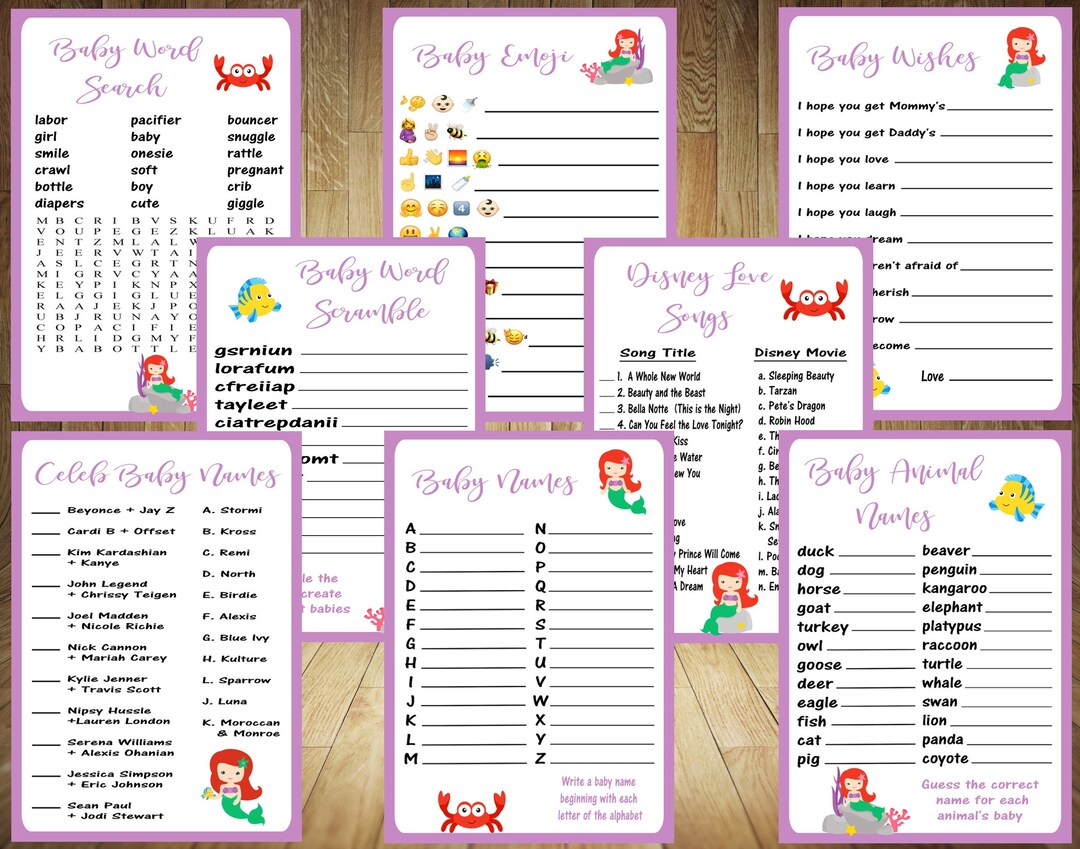 All 8 Games, Mermaid Baby Shower Games, Ariel Baby Shower Games, Little ...