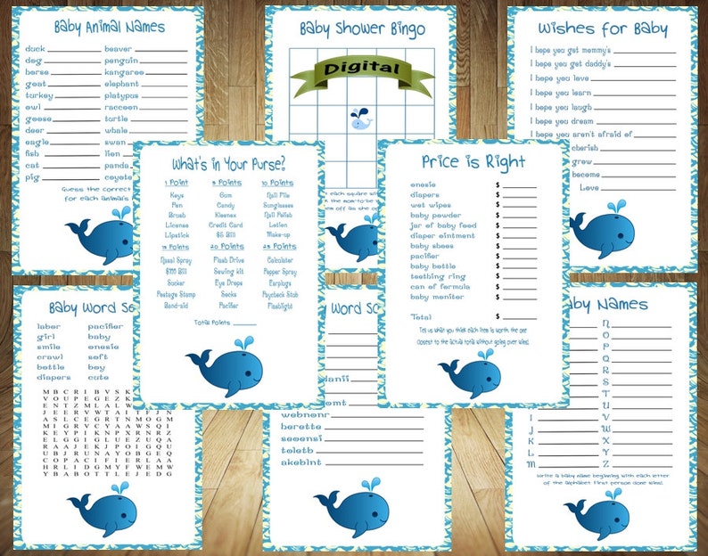 Whale Baby Shower Games, Nautical Baby Shower Game Bundle, Whale Baby ...