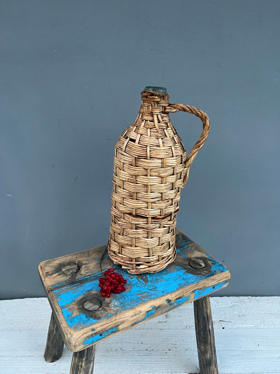 Old Wine Bottle Wicker, Vintage Bottle, Vintage Glass,folk Art, Country ...