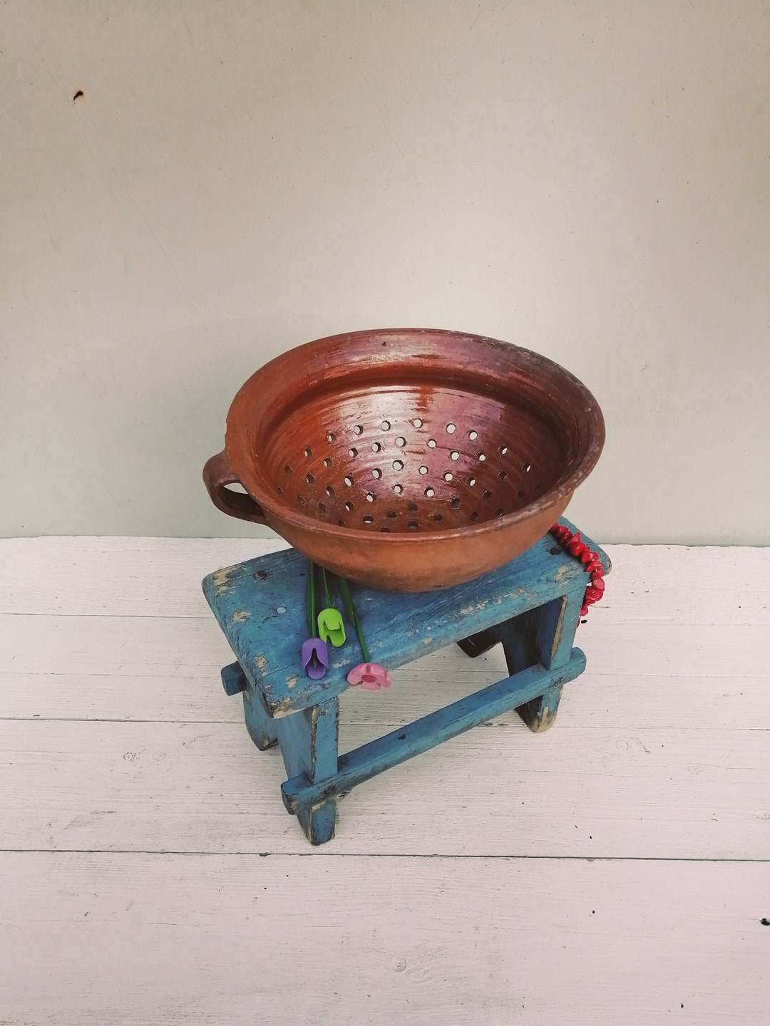Vintage Ceramic Sieve, Vintage Colander, Orange Dish, Clay Plate ...