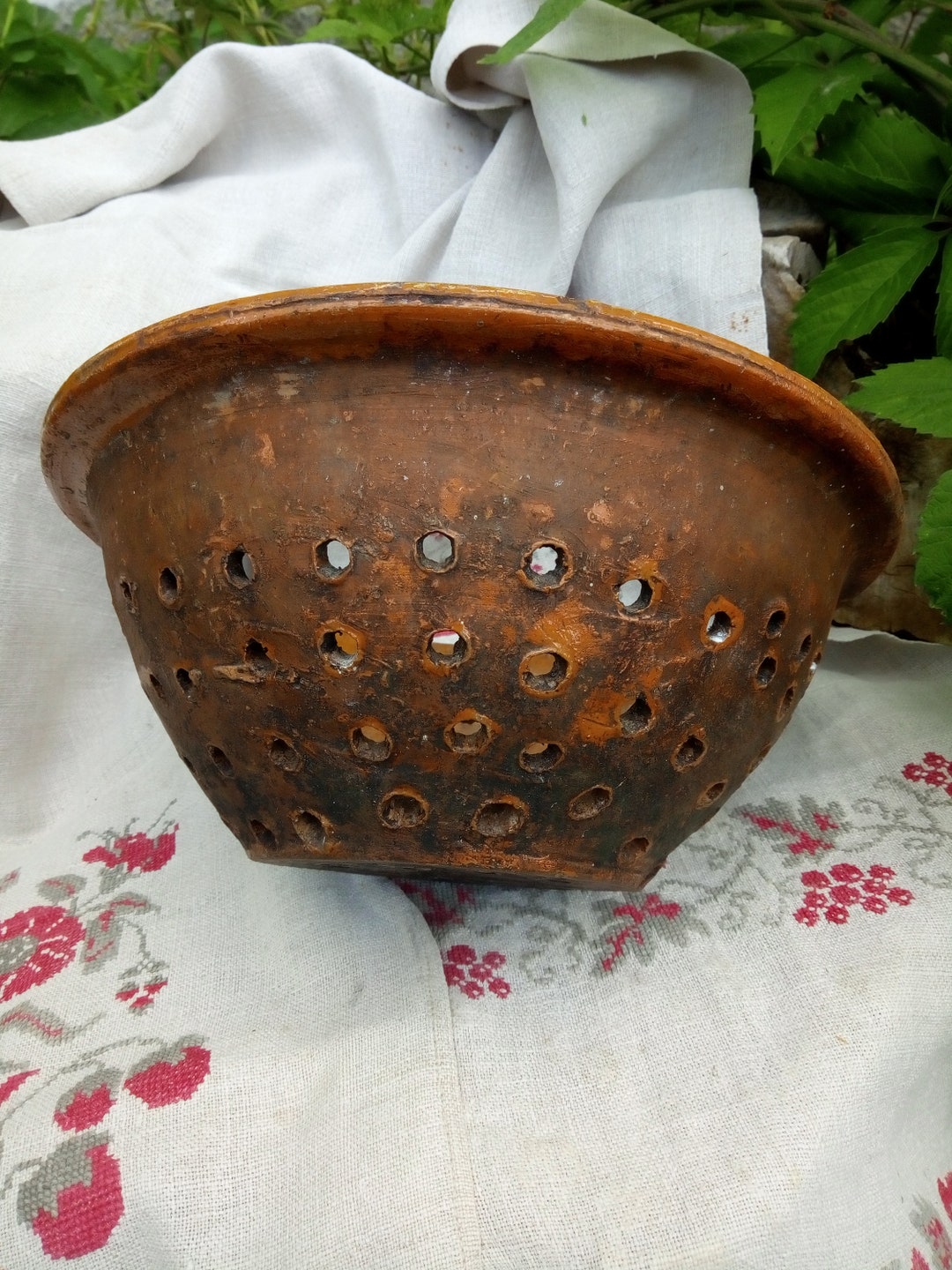 Vintage Ceramic Sieve, Antique Plate, Orange Dish, Clay Plate, Ceramic ...
