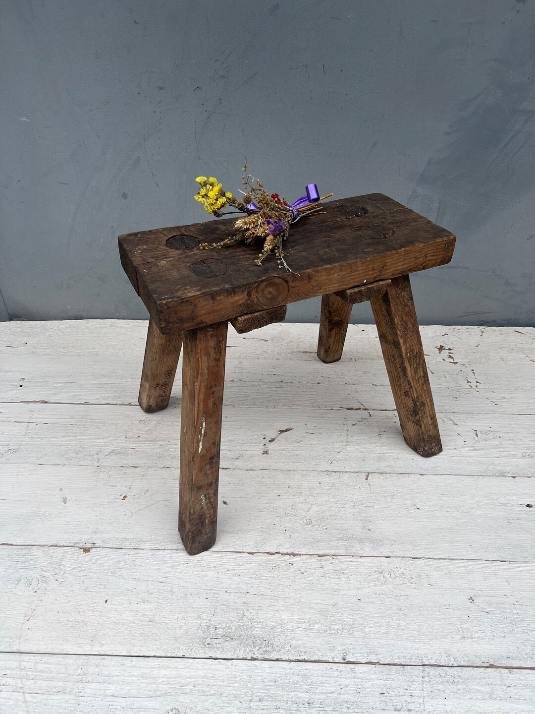 Antique Wooden Stool, Vintage Bench Farmhouse, Rustic Wooden Seat ...