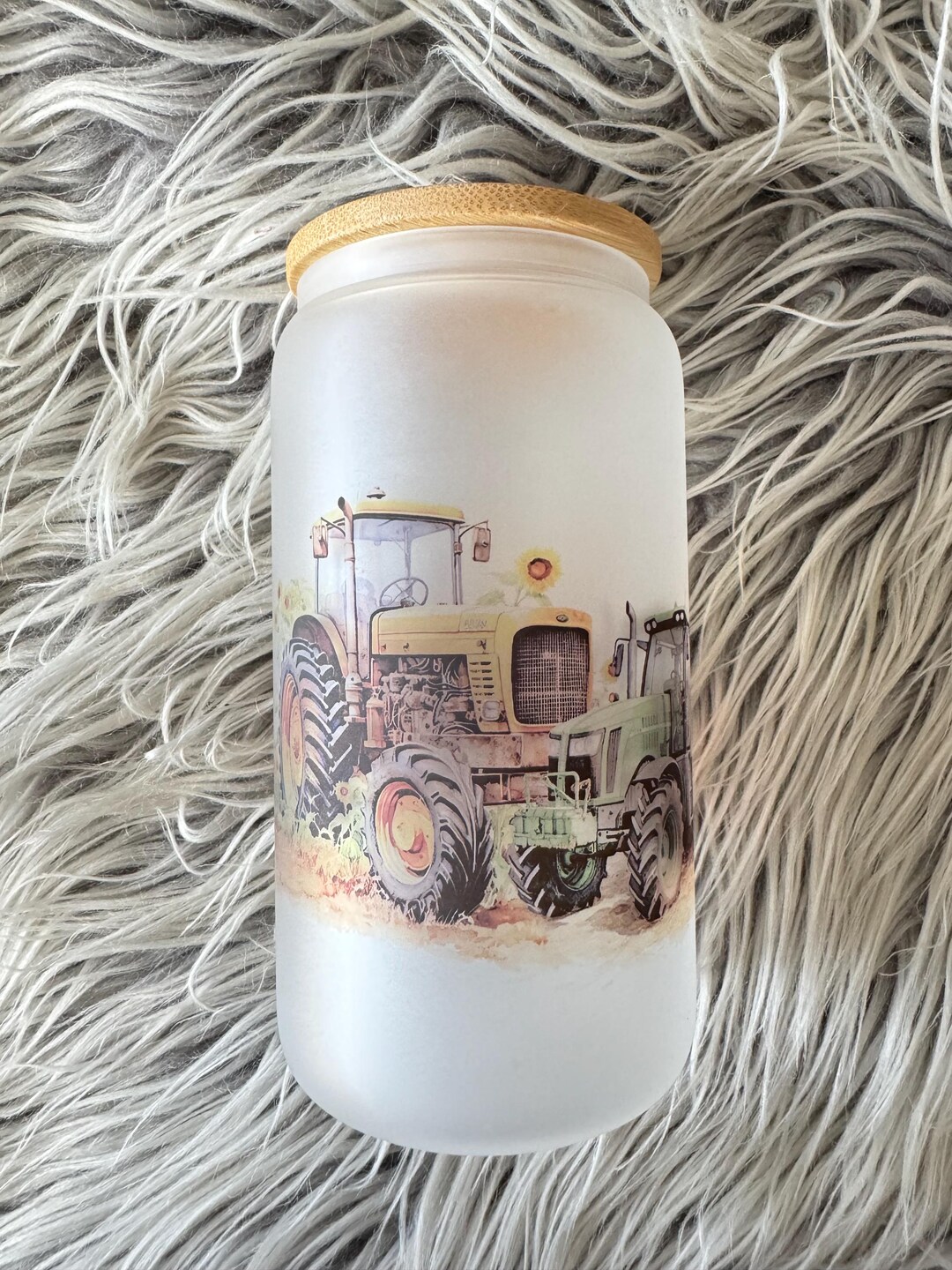 Tractor Frosted Glass Can Coffee Cup With Bamboo Lid & Straw, Coffee ...