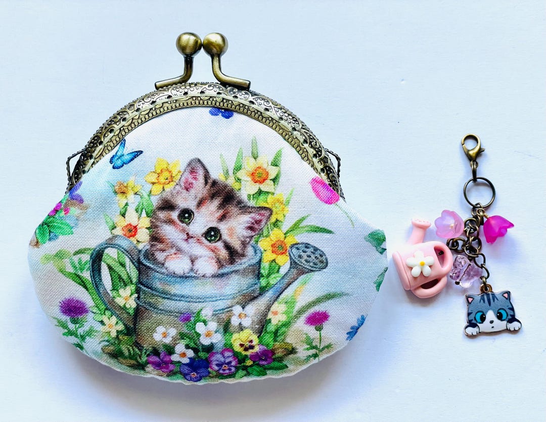 Adorable Kitten, Kitty Cat Handsewn Coin Purse With Floral, Watering ...