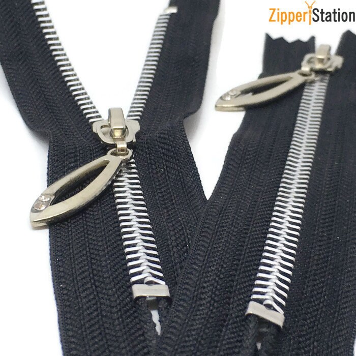 No5 CLOSED END Metal Polished Silver Teeth Zips. Black Zip With Stylish ...