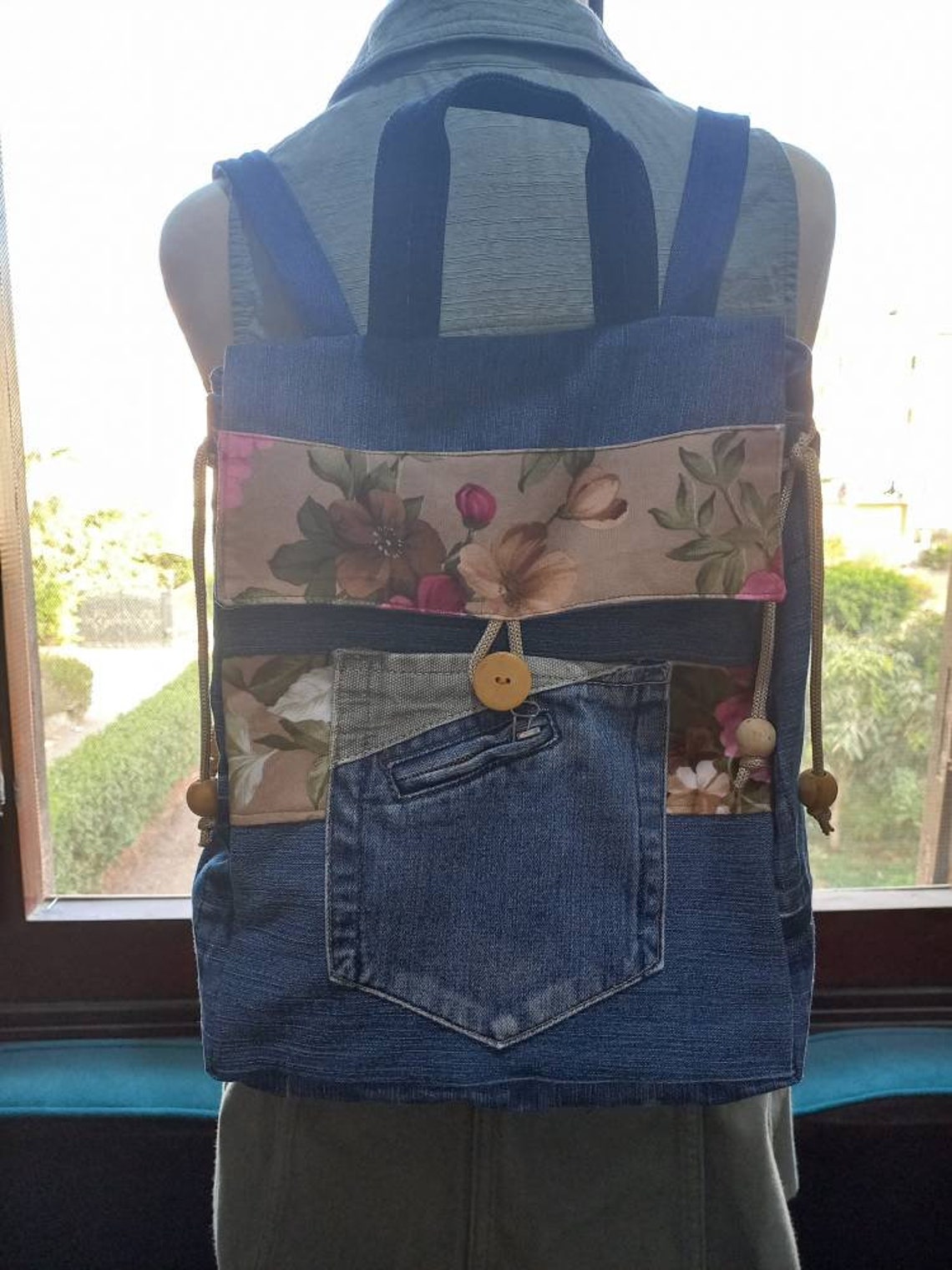 Upcycled Denim Patchworked Backpack floral Handmade Backpack - Etsy