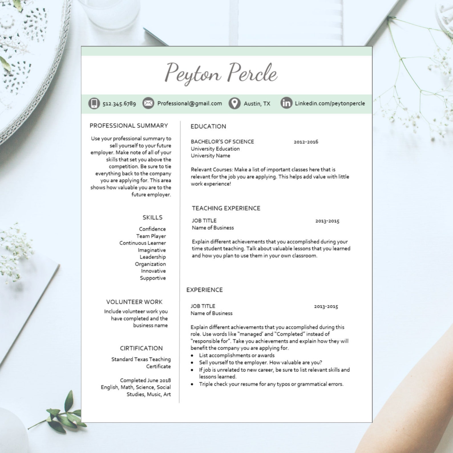 Entry Level Teacher Resume - Etsy